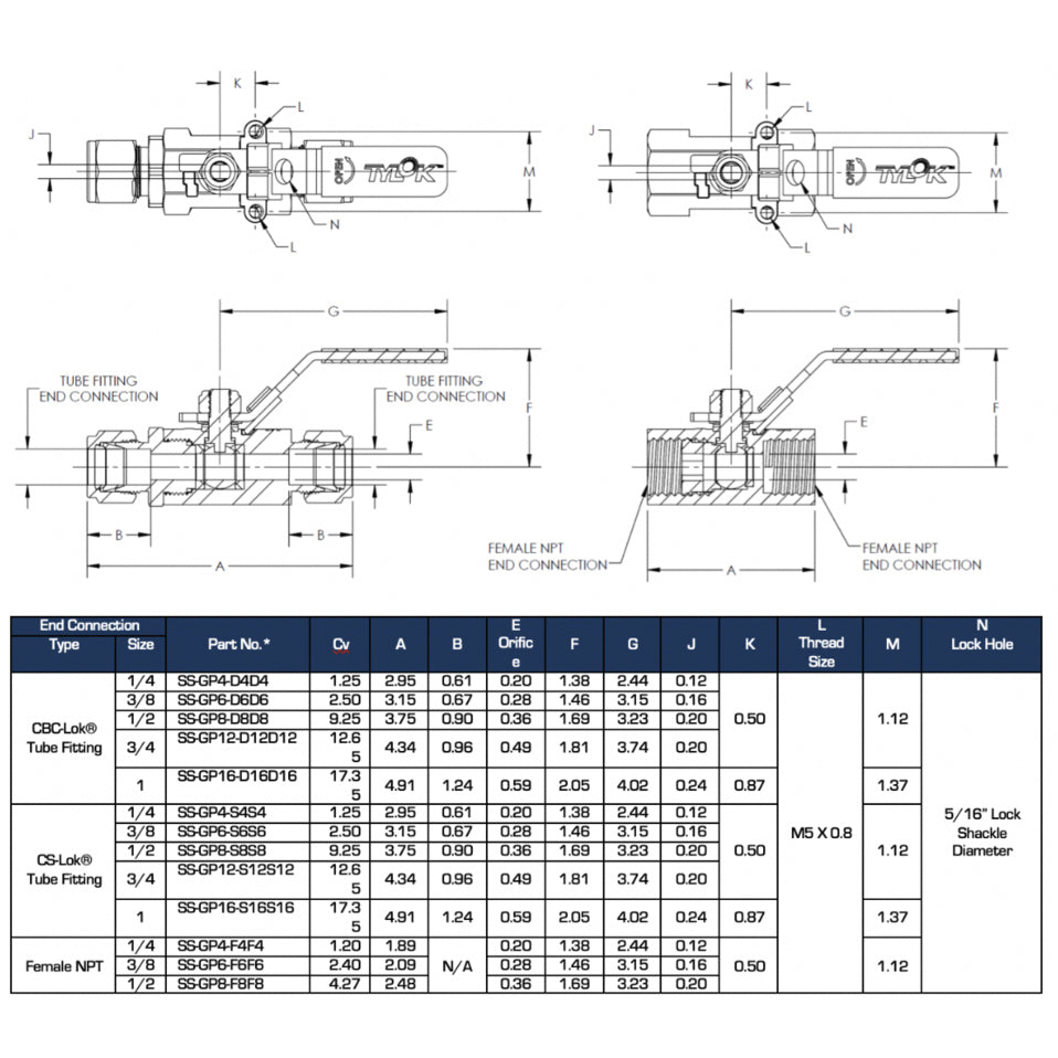 SS-GP6-D6D6 - Stainless GP Ball Valve 3/8" CBC Tube x 3/8" CBC Tube ...